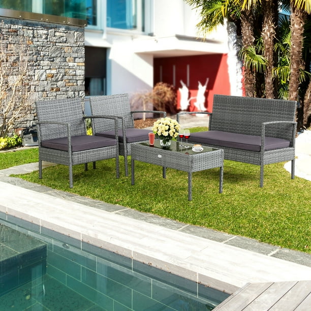 Gymax 4pcs Rattan Patio Furniture Set Outdoor Wicker Conversation Set W