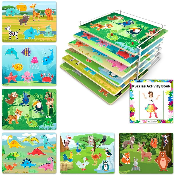 ToyVentive Animal Themed Wooden Puzzles for Kids With Wire Storage Rack ...