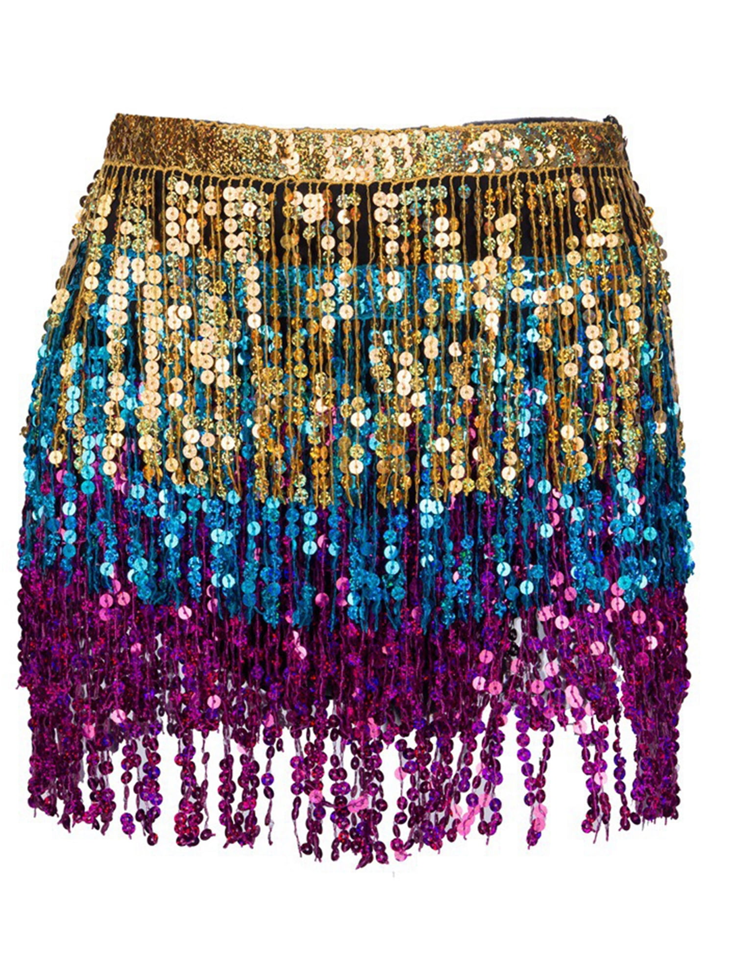 Liacowi Women Sequin Tassel Mini Skirt Boho Fringe Belly Dance Hip Scarf Wrap Skirt Shiny Rave ...