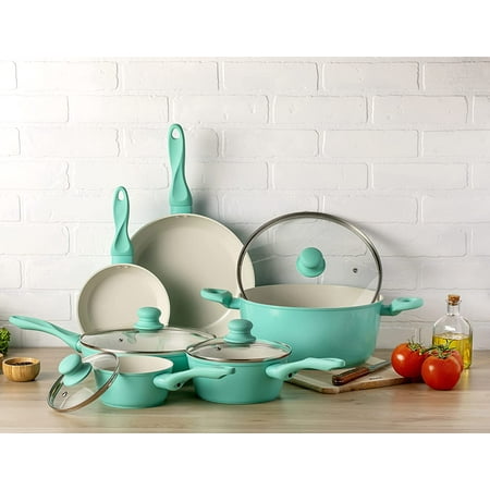 USA 10pc Forged Nonstick White Interior Ceramic Teal Cookware Set ...