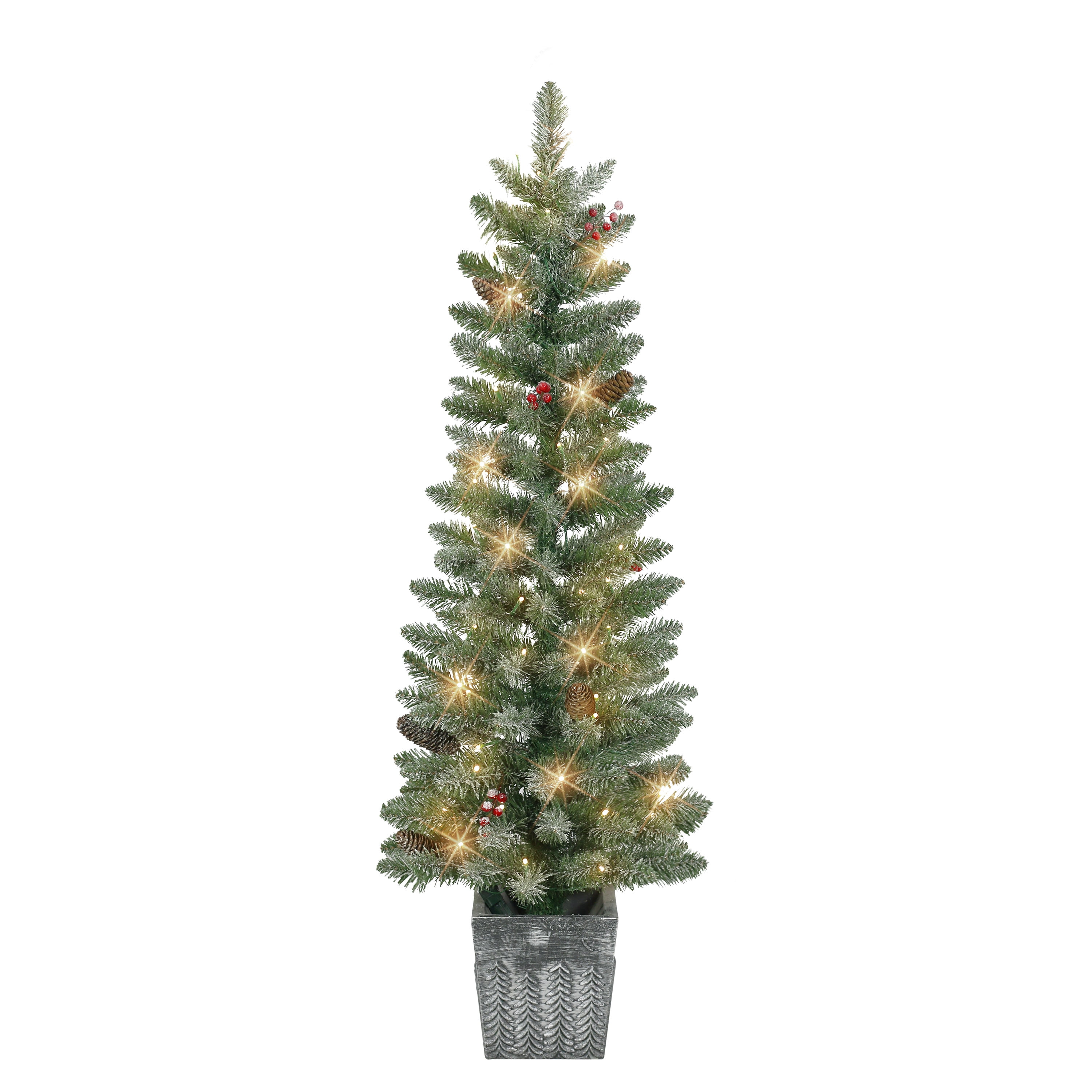 Set of 2 4 ft Pre-Lit Flocked Potted Trees with Battery-Operated Timer ...