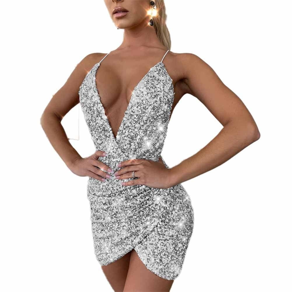 Womens Sexy V Neck Straps Backless Bodycon Sequin Dress Irregular Sexy