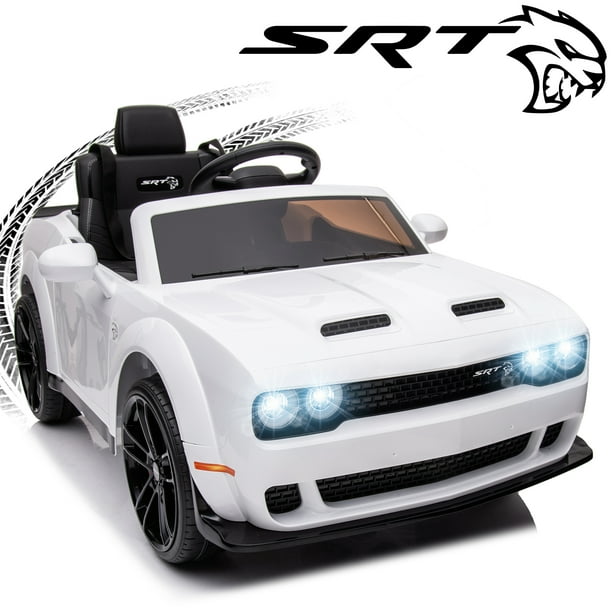 Dodge Challenger 12 V Powered Ride On Car with Remote Control, SRT Hellcat Toys for Kids, White ...