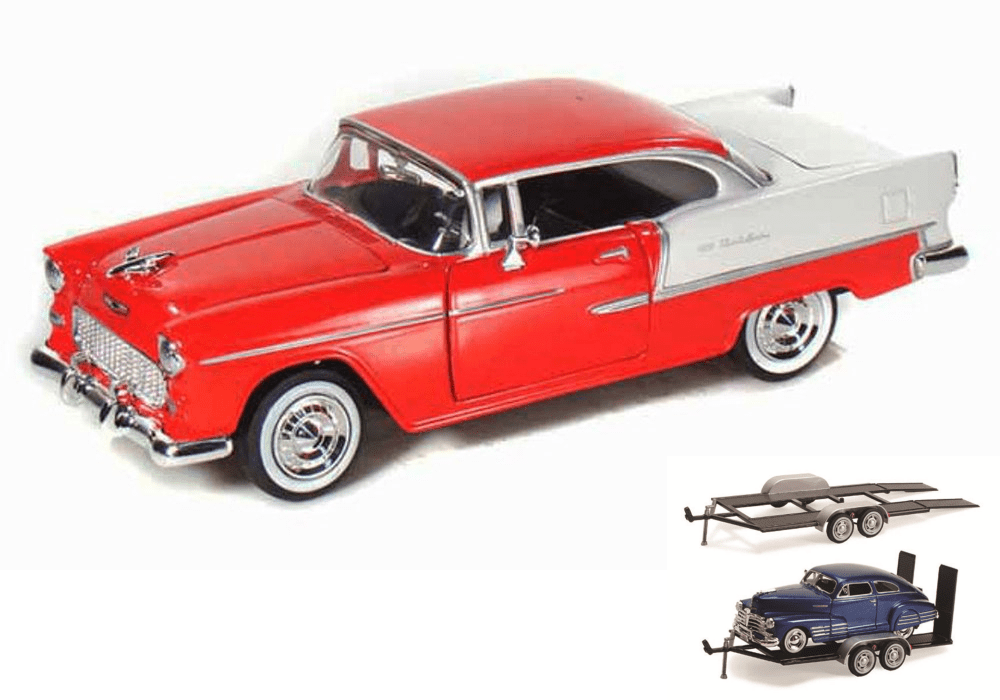 Diecast Car & Trailer Package - 1955 Chevy Bel Air, Red - Motormax ...