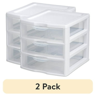 (2 pack) Sterilite Small 3 Drawer Unit, Clear Plastic Countertop or Desktop Drawers, White ...