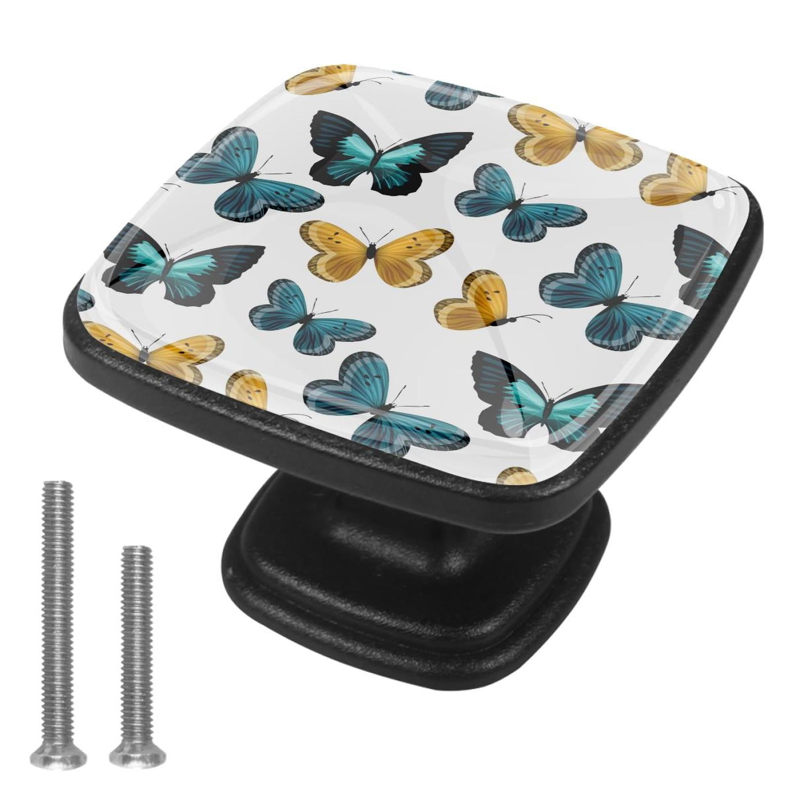 4 Pcs Cabinet Handle Drawer Pulls Blue Brown Butterflies Knobs with Screws Square Furniture ...