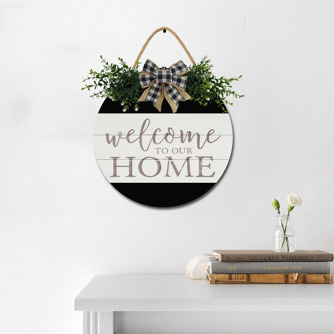Eveokoki Welcome Home Wooden Front Door Sign Rustic Round Wreath Wall ...
