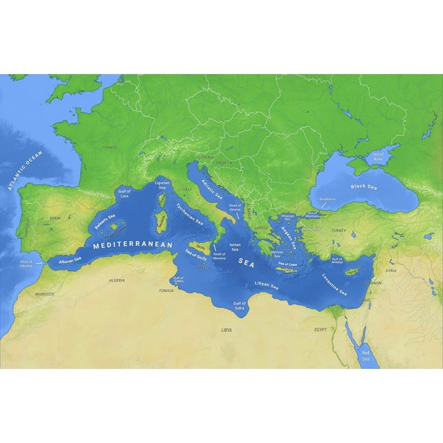 24x36 gallery poster, Map of the Mediterranean Sea with subdivisions ...