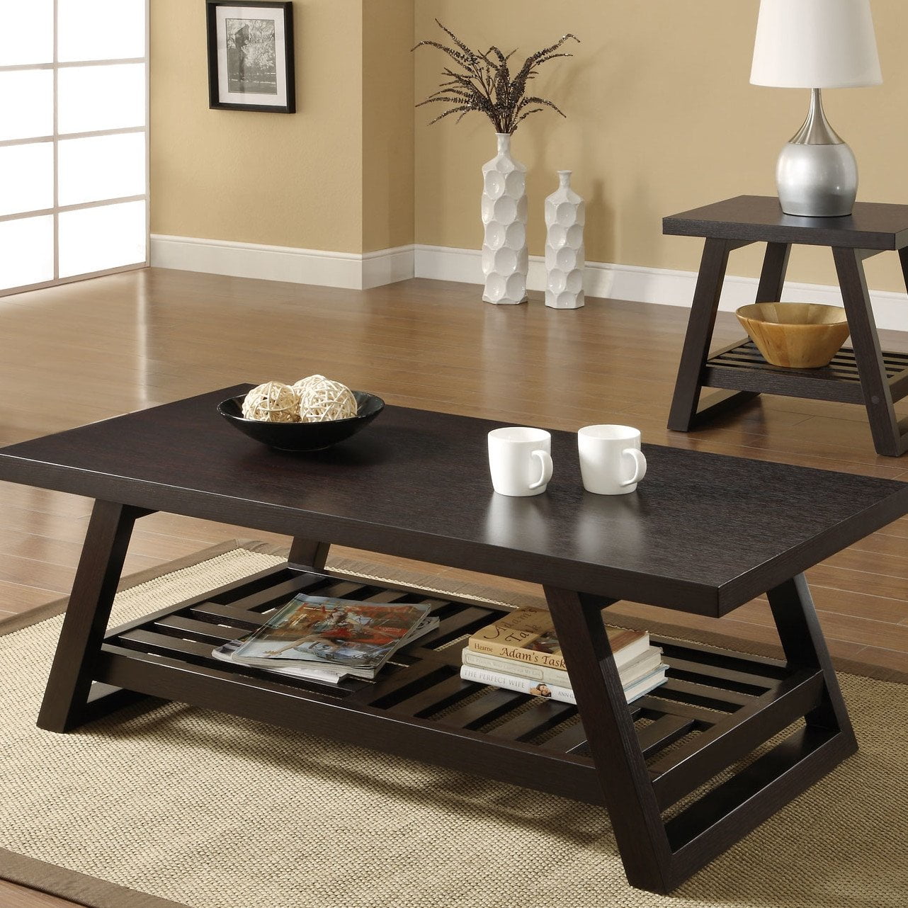 Contemporary Coffee Table with Slatted Bottom Shelf in Rich Brown ...