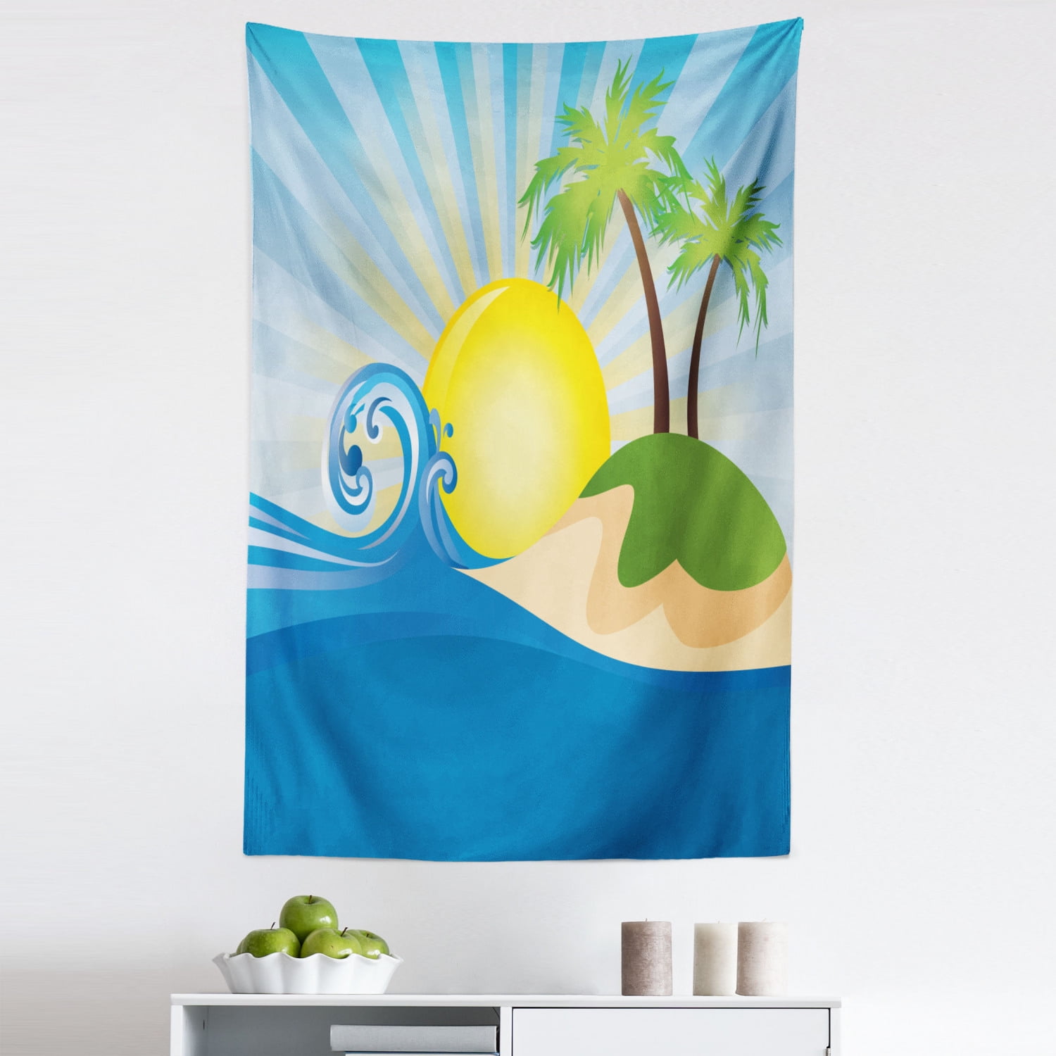 Beach Tapestry, Summer Beach Illustration with Sun Rays Tropical Island ...