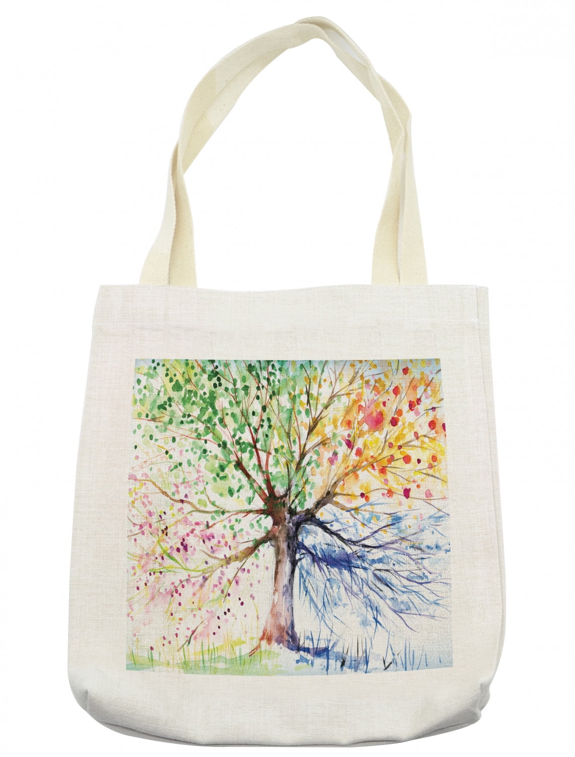 Tree Tote Bag, Watercolor Nature Colorful Blooming Branches 4 Seasons ...