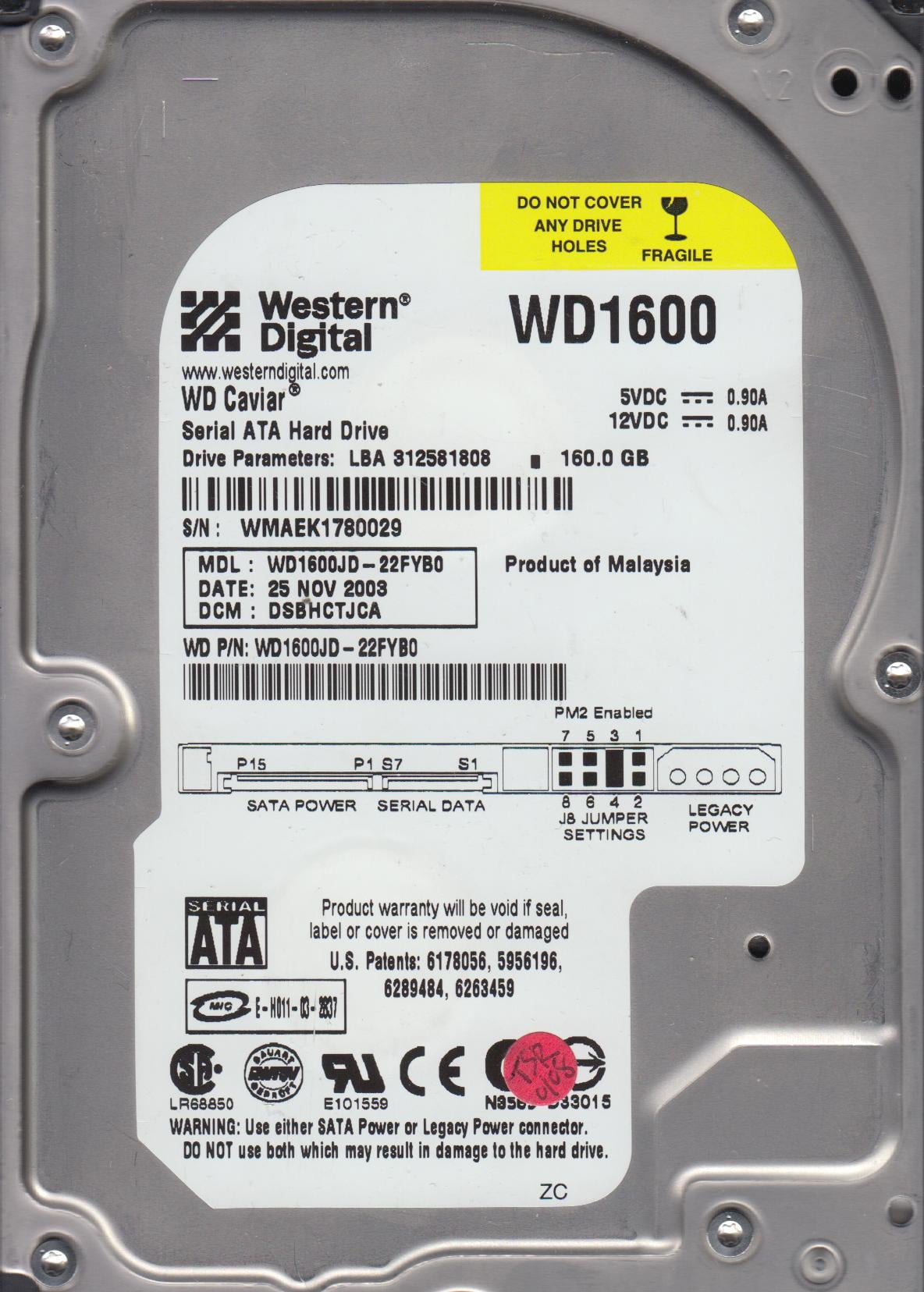 WD1600JD-22FYB0, DCM DSBHCTJCA, Western Digital 160GB SATA 3.5 Hard ...