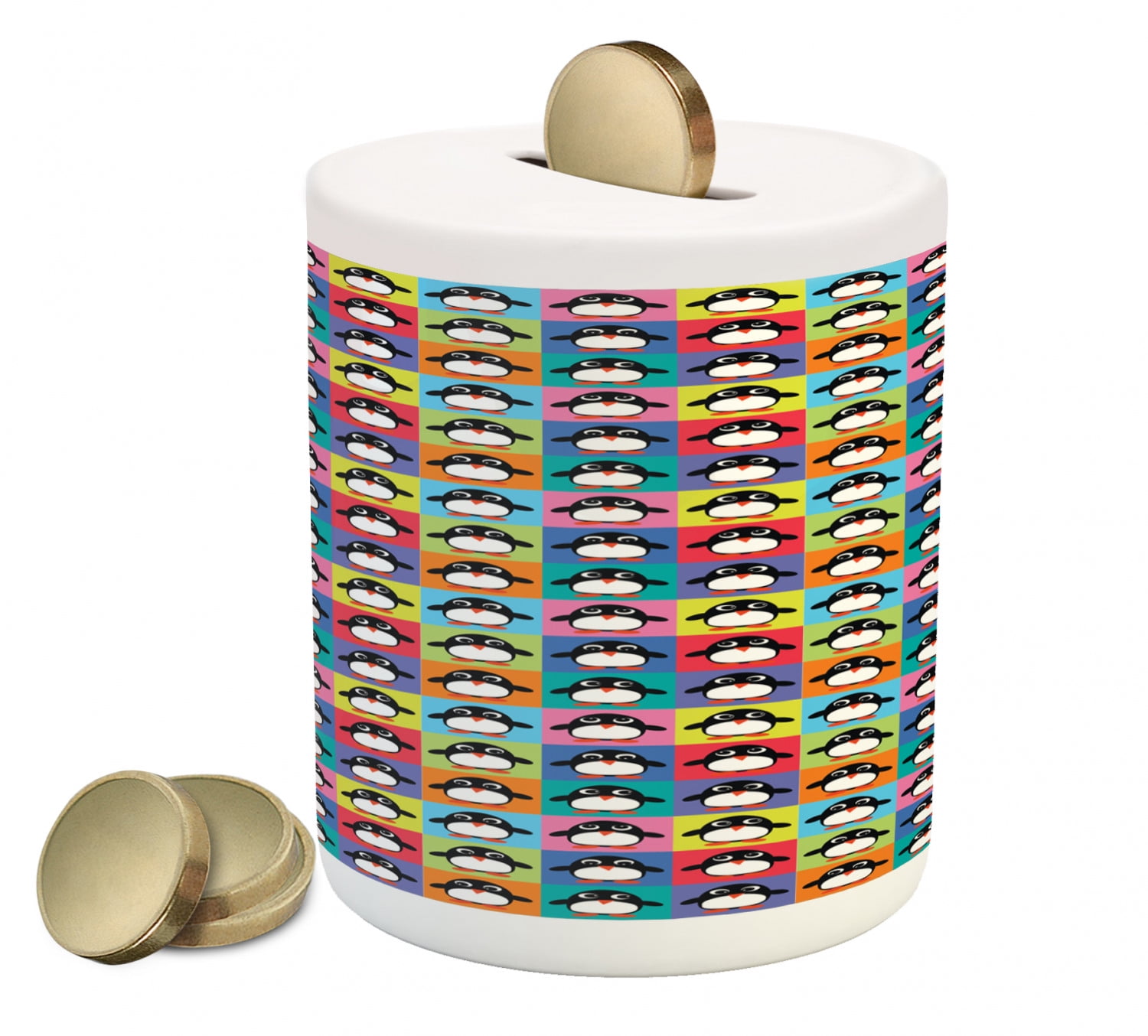 Penguin Piggy Bank, Rainbow Colored Checkered Squares Pattern with ...