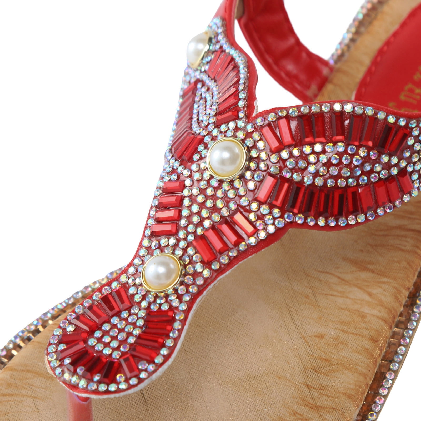 Red Flat Sandals With Rhinestones