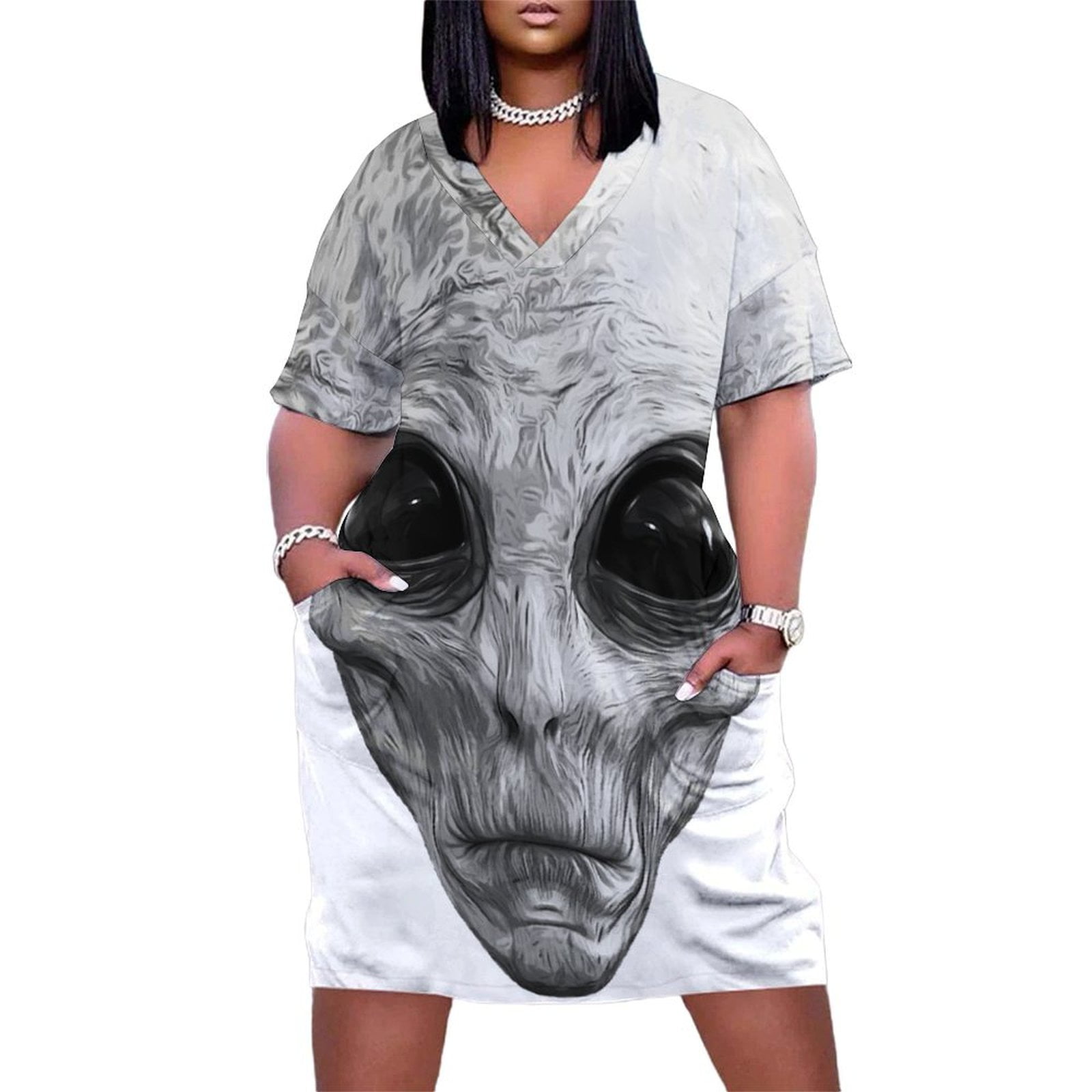 Alien Ufo Portrait black and white Loose Pocket Dress dress party night ...