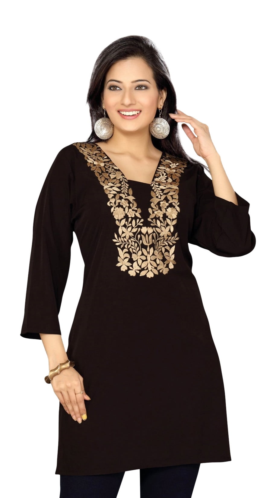Black crepe kurti / Tunic with golden embroidery-Medium - Walmart.com