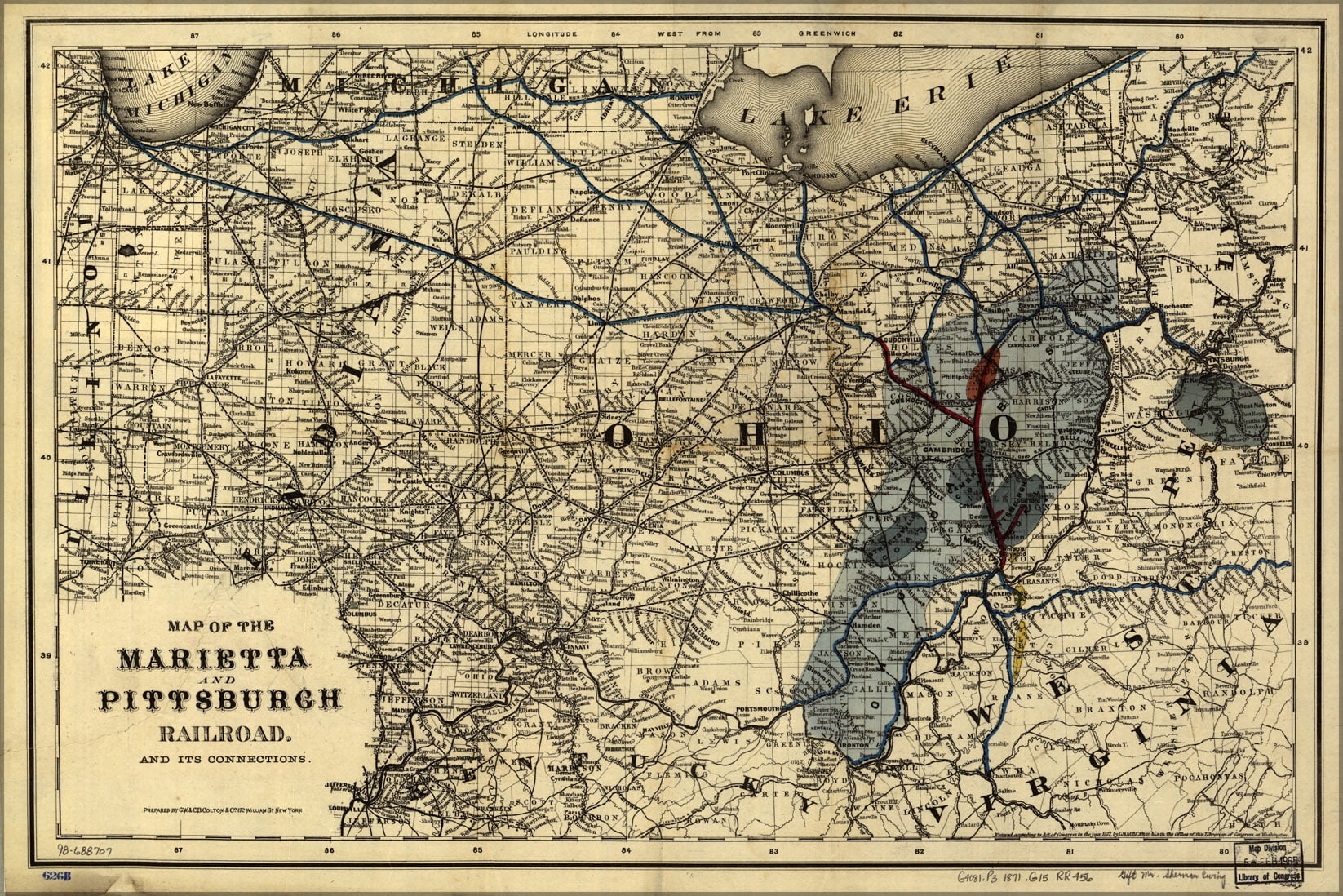 24"x36" Gallery Poster, Map Marietta Pittsburgh Railroad indiana 1871 ...