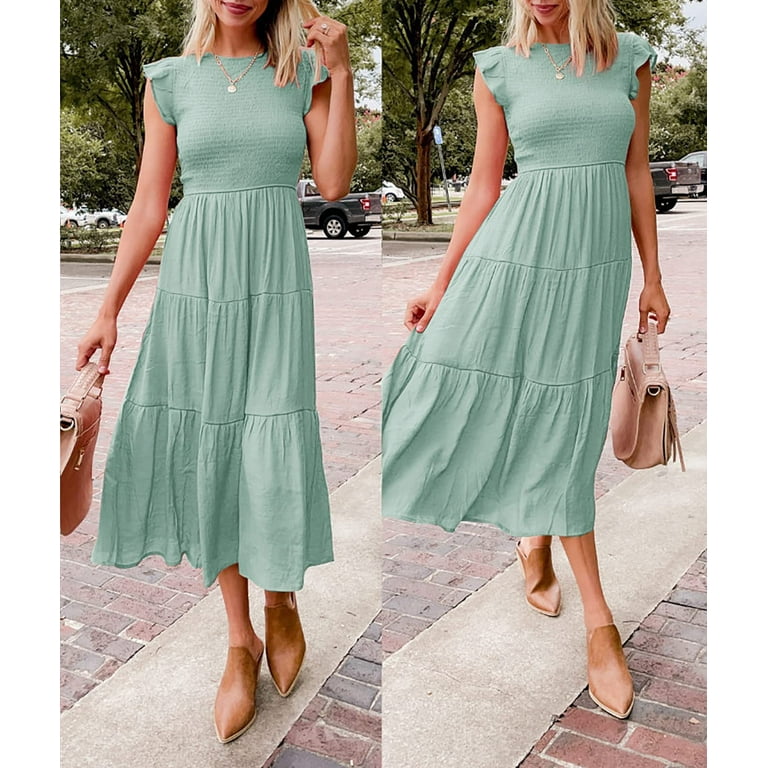 Maskion Women's Flutter Short Sleeve Smocked Midi Dress Maskion Women's Flutter Short Sleeve Smocked Midi Dress