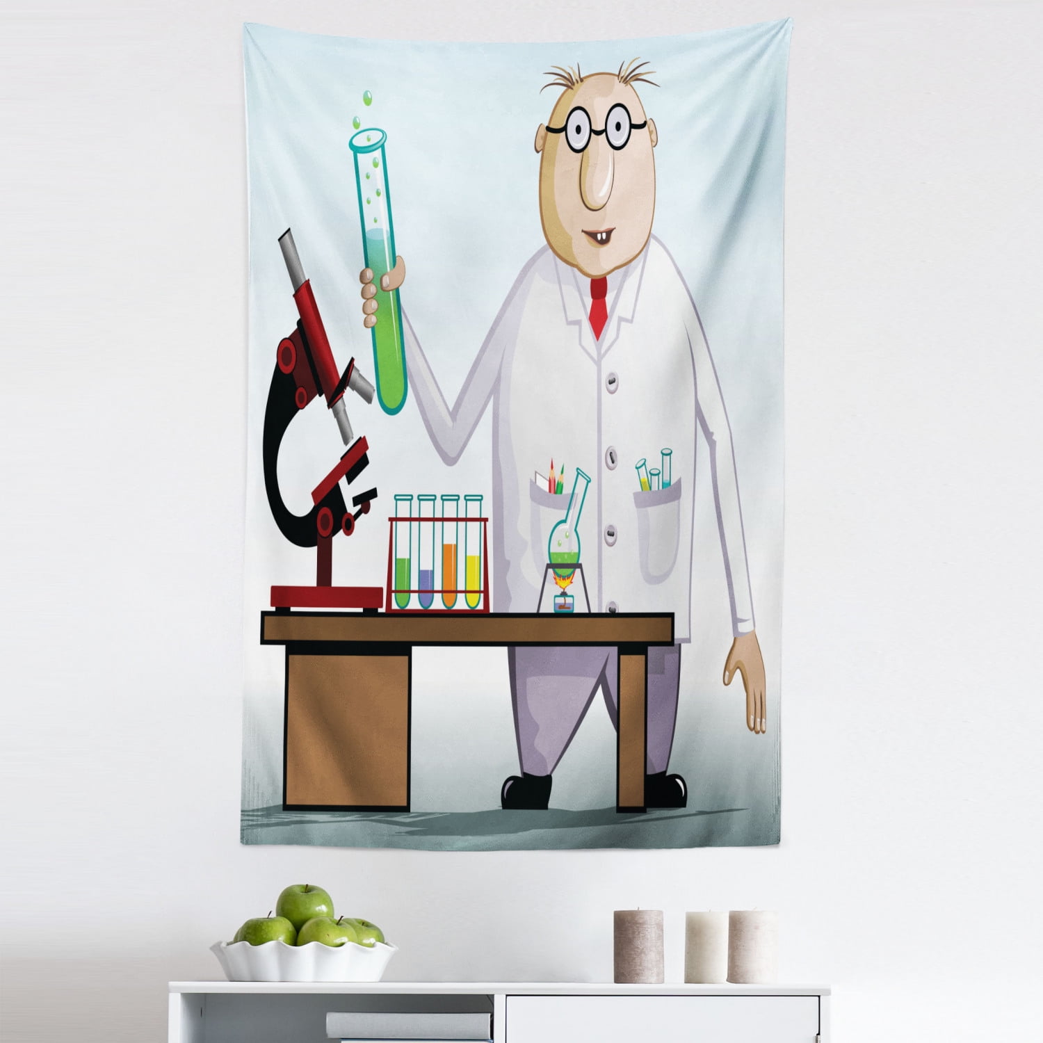 Lab Tapestry, Scientist Chemist with Test Tubes Flask and Microscope on ...