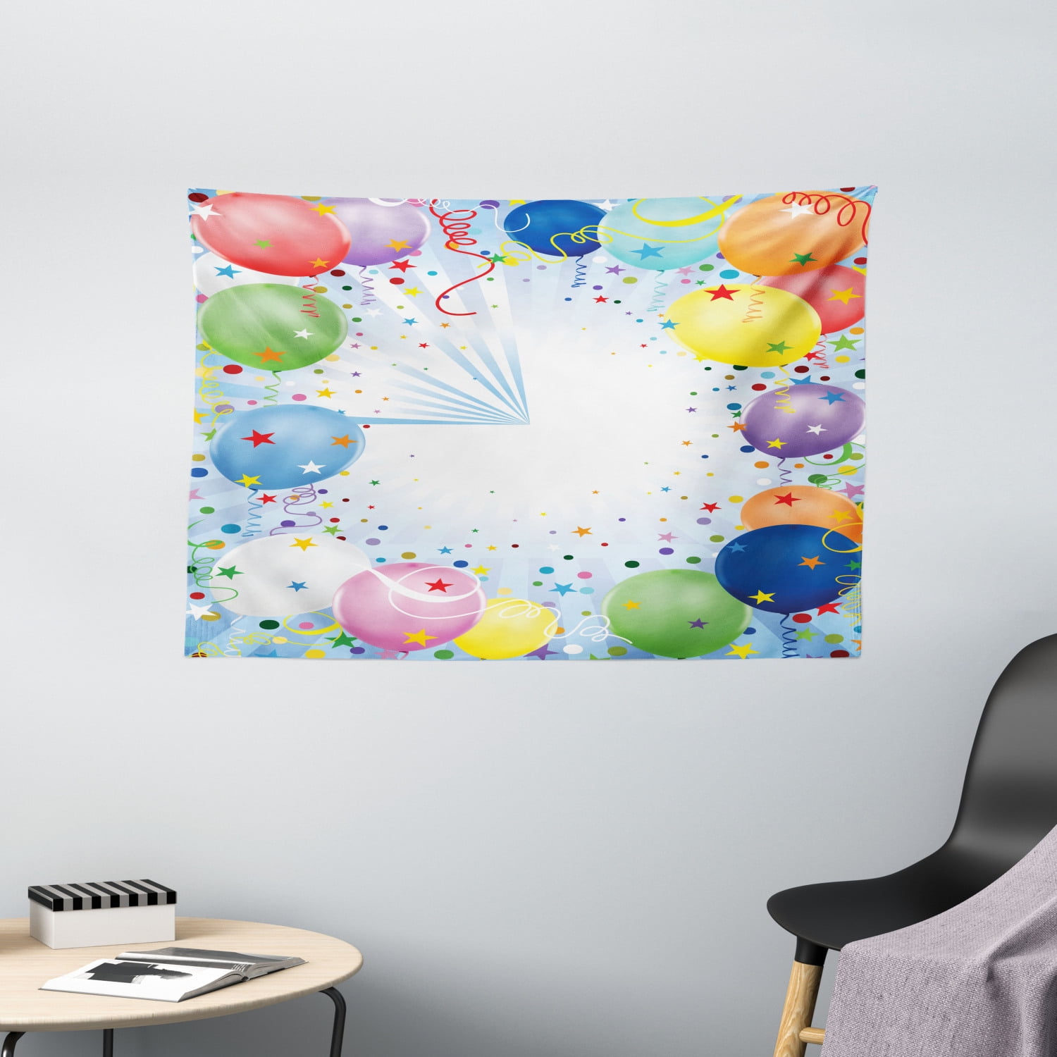Kids Party Tapestry, Happy Celebration Event Theme with Colorful Flying ...