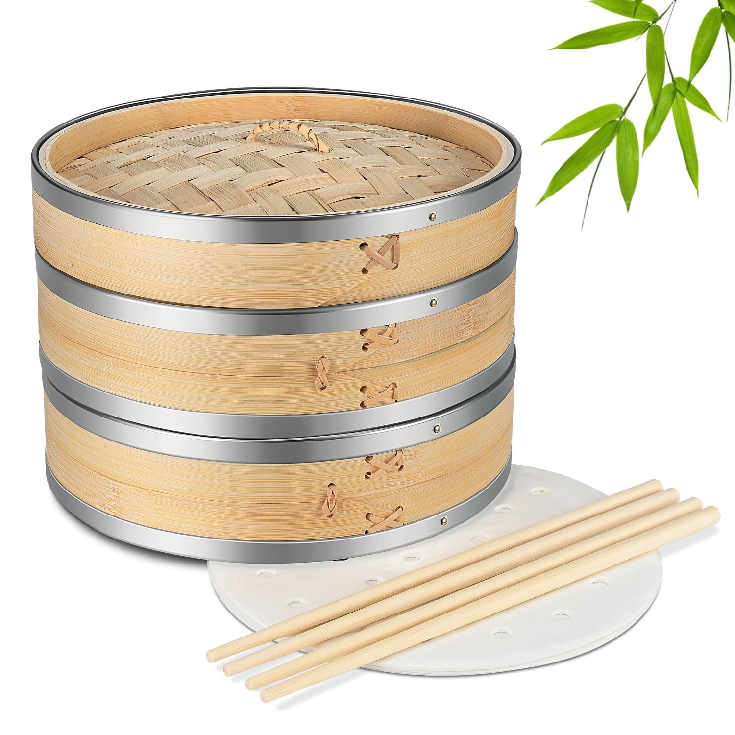 Bamboo Steamer Basket Set (8 inch) with Stainless Steel Banding 50x ...