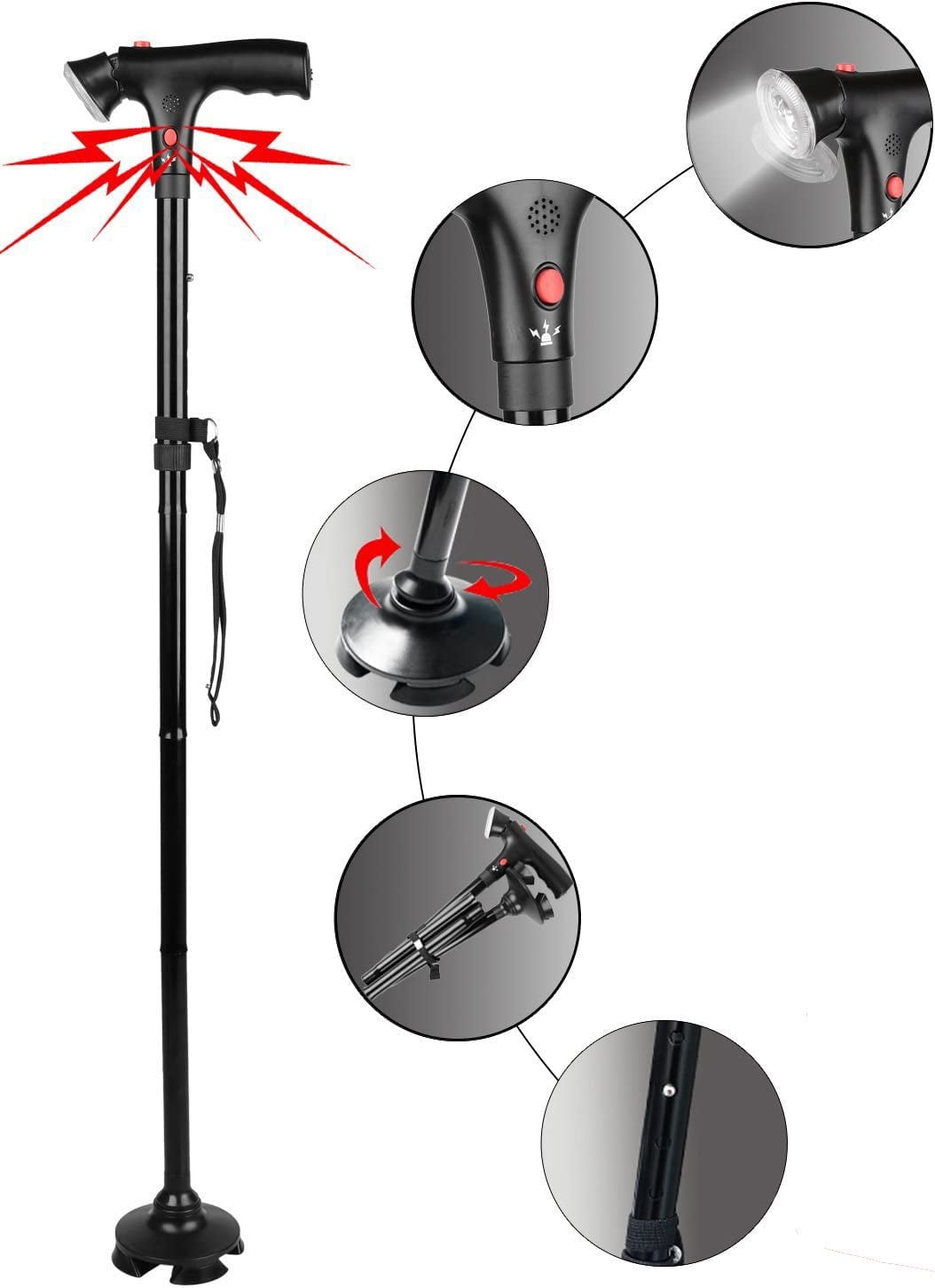 Premium Travel Foldable Walking Cane with LED Flashlight, SOS Alarm ...