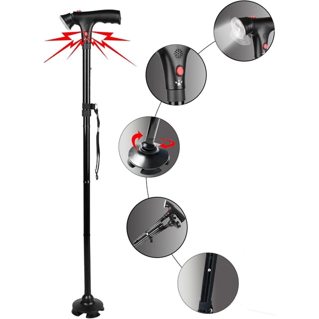 Premium Travel Foldable Walking Cane with LED Flashlight, SOS Alarm ...