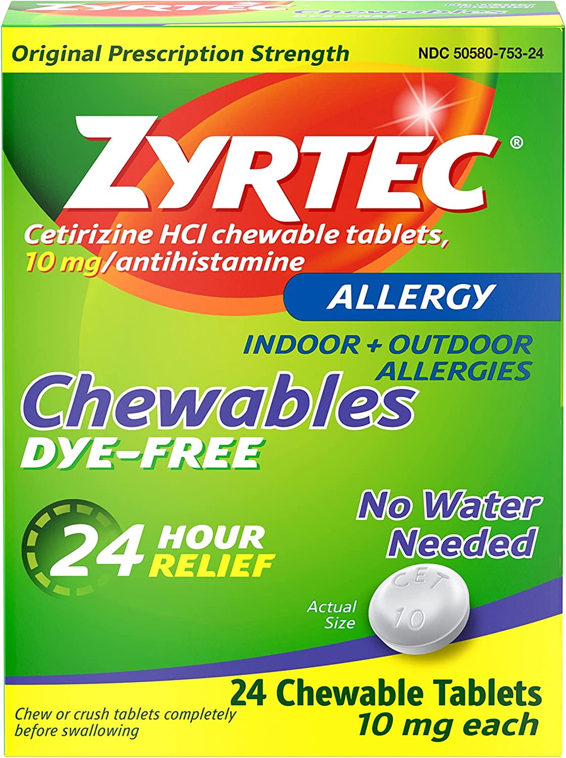 Zyrtec 24 Hour Allergy Relief Chewable Dye-Free Tablets with 10 mg ...