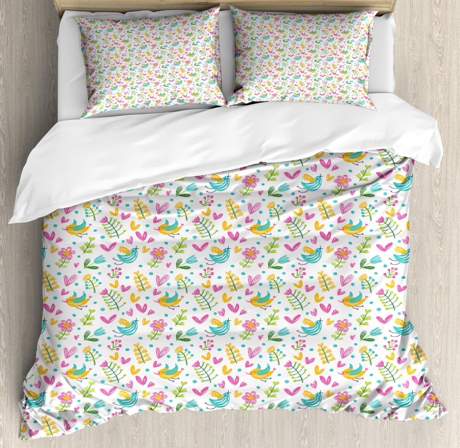 Kids Queen Size Duvet Cover Set, Hand Drawn Doodle Spring Birds on Tree ...