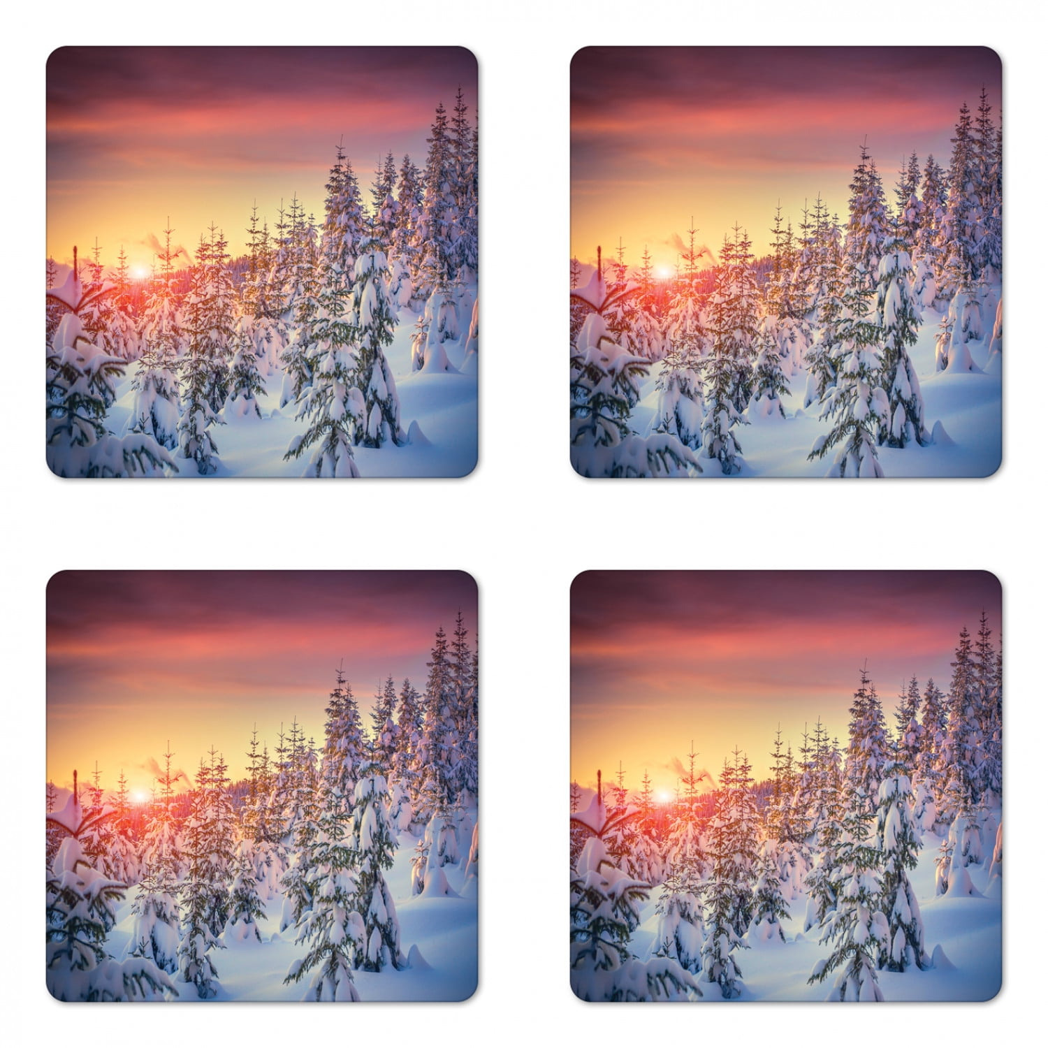 Winter Coaster Set of 4, Snowy Landscape at Gloomy Sunrise Scenery in ...
