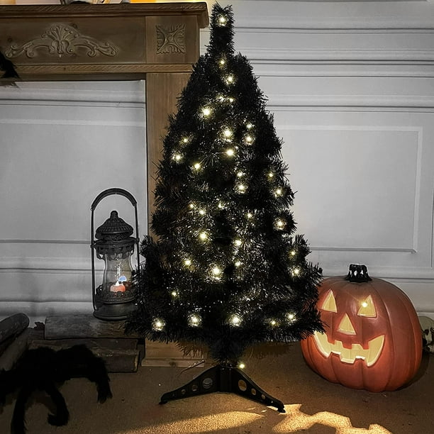 3 Feet Pre-lit Artificial Halloween Black Tree Decoration with 50 LED ...