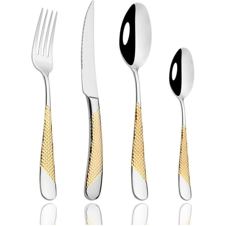 16-Piece Hammered Silver Gold Silverware Set, 304 Golden Plated ...