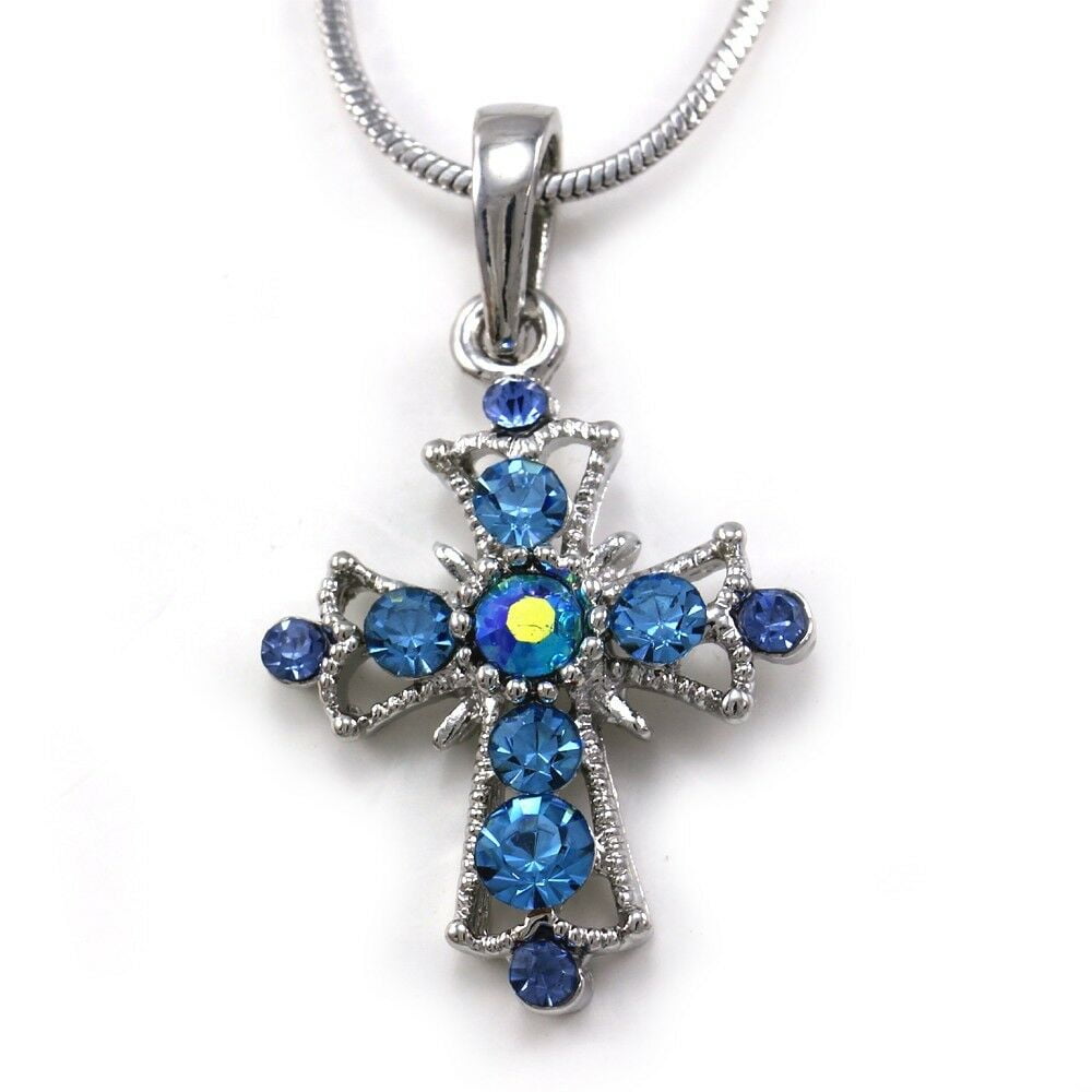 Blue Cross Pendant Necklace Stone Charm Silver Tone Chain Teen Women ...