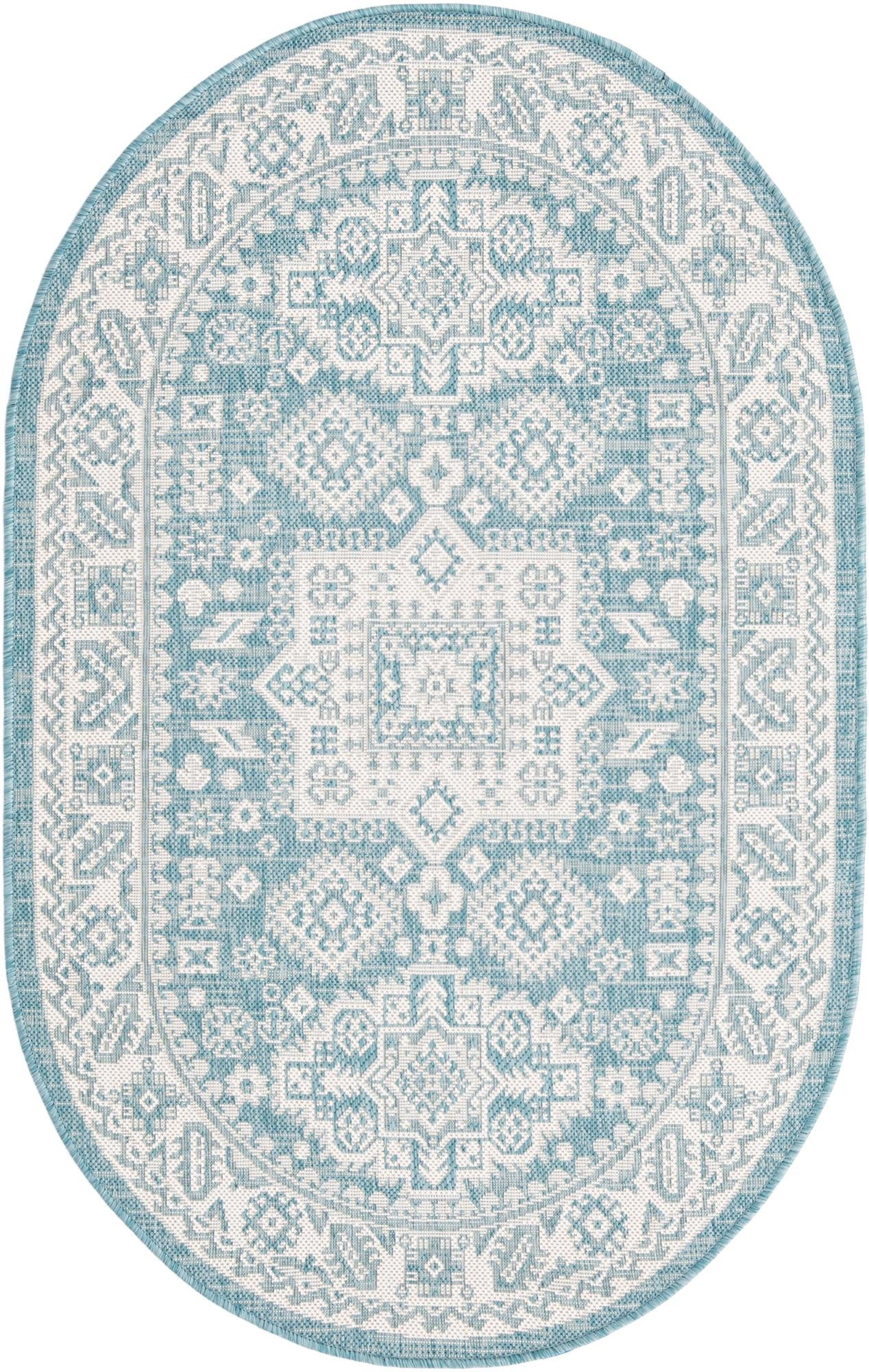 Rugs.com Outdoor Aztec Collection Rug – 3' x 5' Oval Aqua Flatweave Rug ...