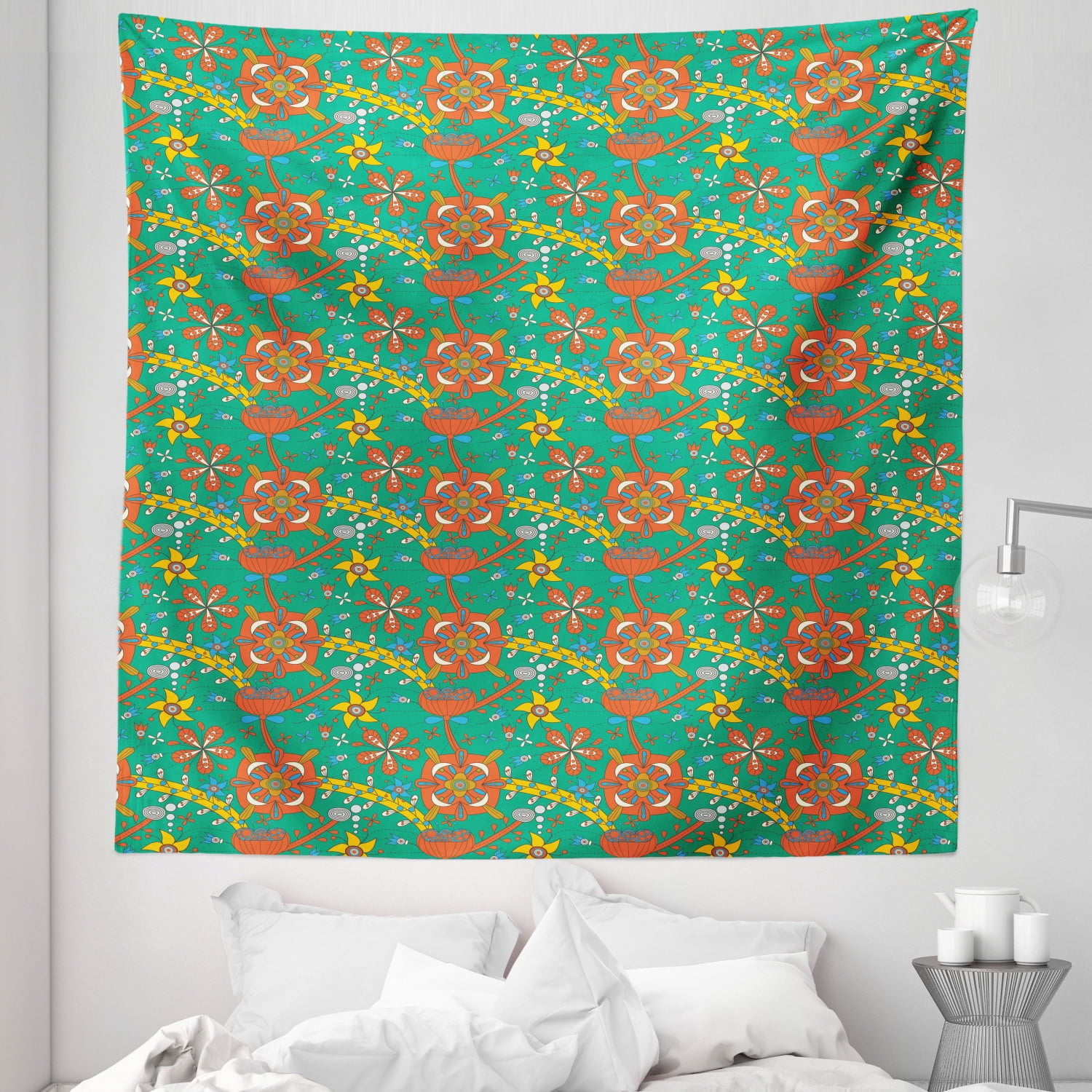 Colorful Tapestry, Doodle Style Flower Drawing with Stripes and Dots ...
