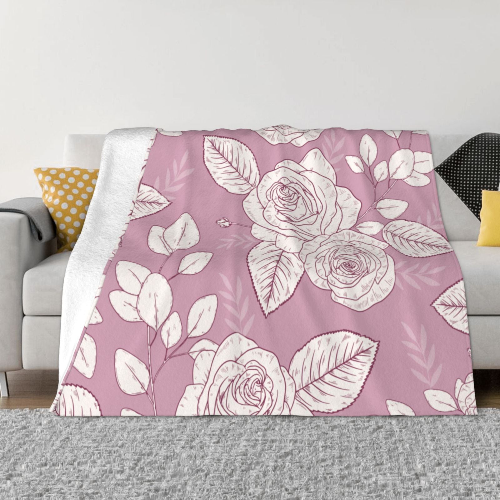 XMXT Throw Blanket, White Hand Painted Roses Machine Washable Blankets ...