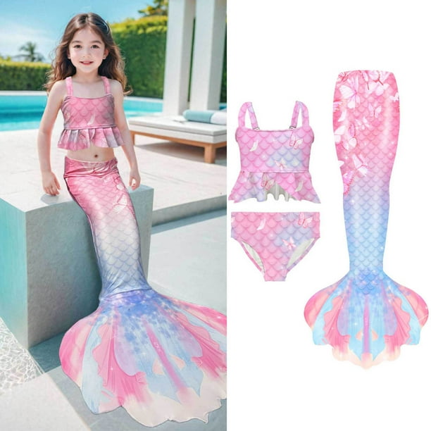 3 Piece Bathing Suits Girls Mermaid Tail for Swimming Kids Bikini Sport ...