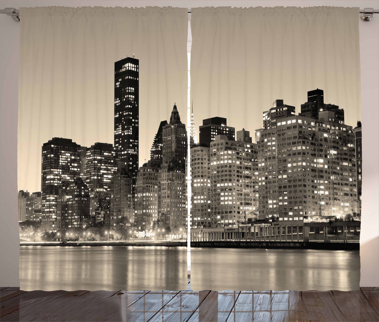 New York Curtains 2 Panels Set, Manhattan Skyline at Night East River ...