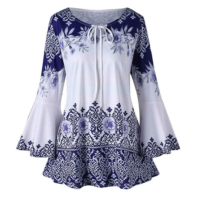 FchengtaiS Women's Plus Size Tops Boho Printed Flared Sleeve Tops ...