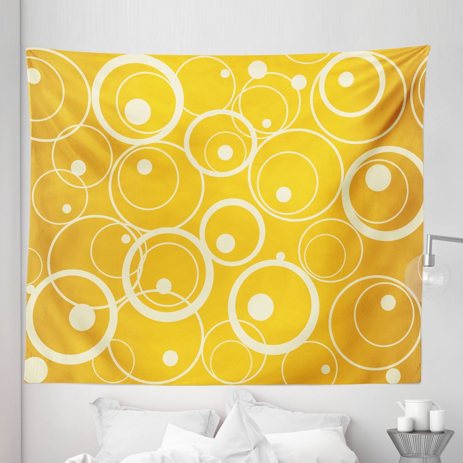 Vintage Yellow Tapestry, Circles and Dots Monotone Geometric Shapes ...