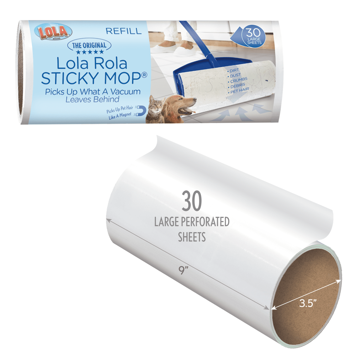 LOLA ROLA Sticky Mop Refill, Pet Hair/Lint Remover & Cleaner, Adhesive ...