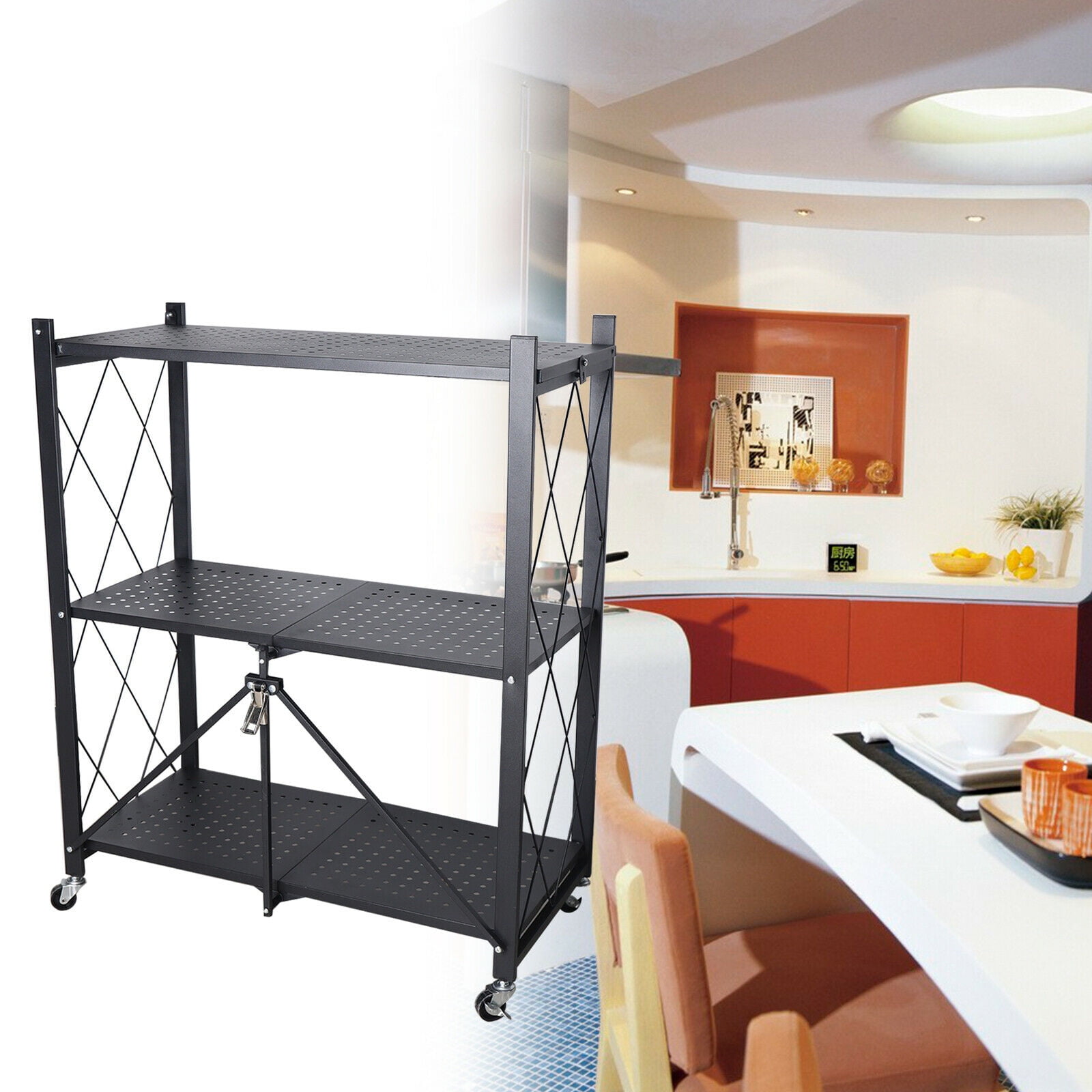 3 Layer Movable Kitchen Shelf Floor-Standing Storage Shelf Carbon Steel ...