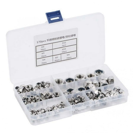 170 Pcs Lock Nuts A2 Stainless Steel Locknut, 7 Sizes M3-m12 Nylon Insert Hex Nut Set With ...