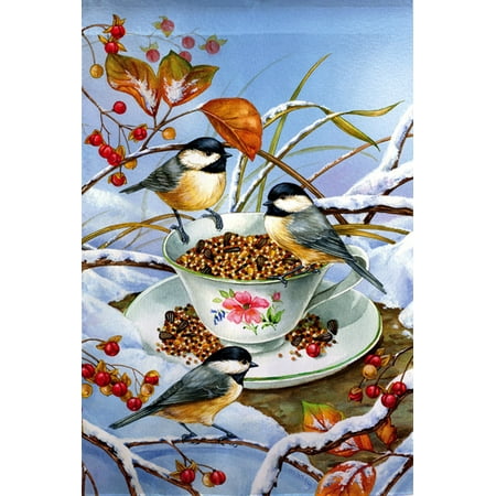 Chickadee Tea Winter House Flag Snow Double Sided Decorative 29" x 43 ...