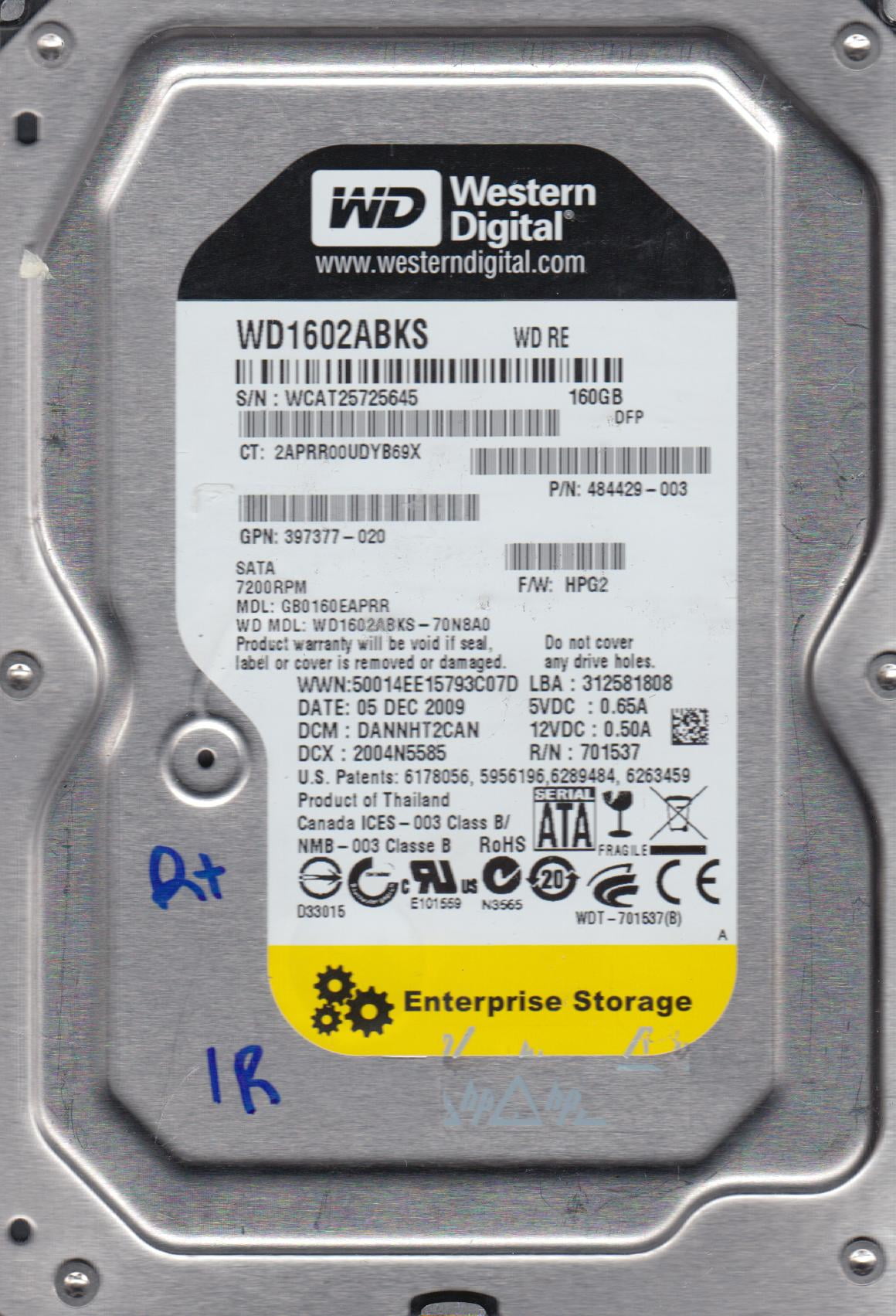 WD1602ABKS-70N8A0, DCM DANNHT2CAN, Western Digital 160GB SATA 3.5 Hard ...