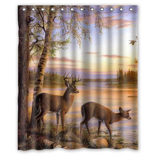 Greendecor Nature River Deer For Waterproof Shower Curtain Set With