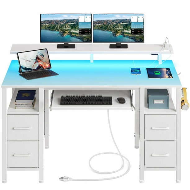 Seventable Computer Desk 47.2" with LED Lights & Power Outlets, Home ...