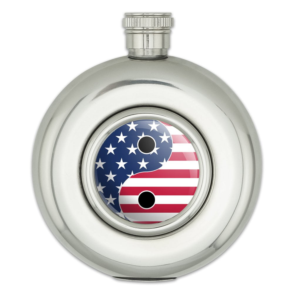 USA Patriotic Yin and Yang American Flag Round Stainless Steel 5oz Hip ...