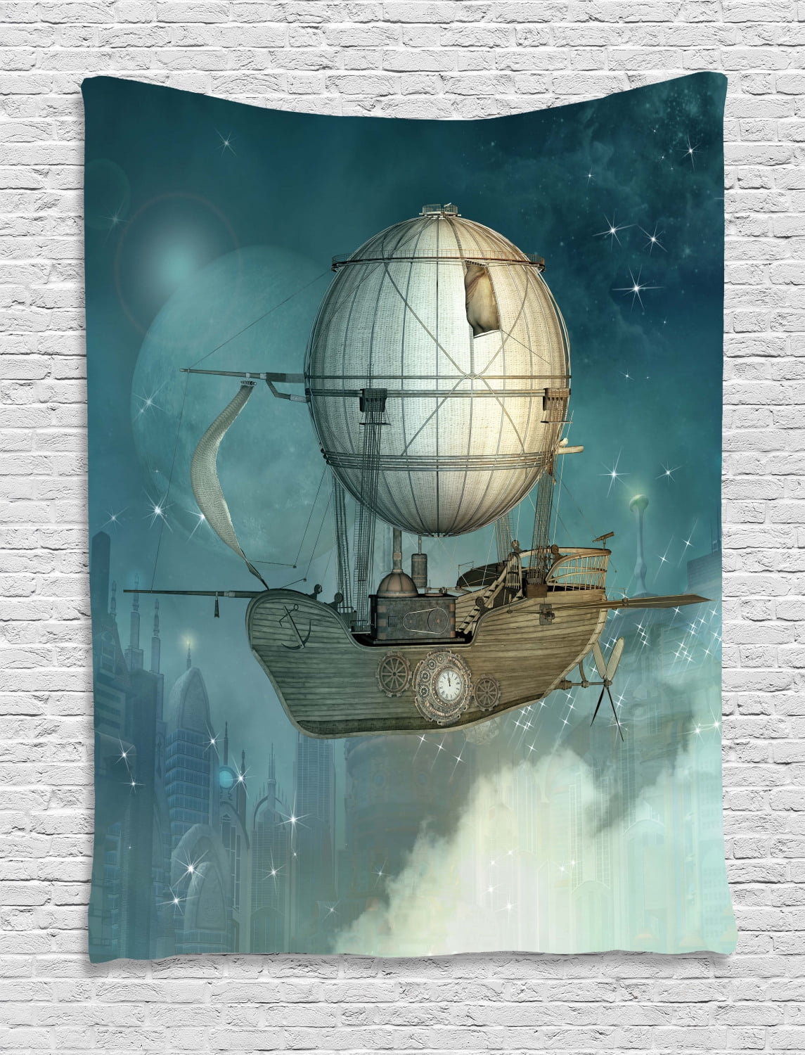 Steampunk Tapestry, Fantastic Airship Flying Over a Futuristic Town ...