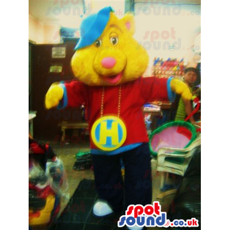 Yellow Bear Animal SPOTSOUND Mascot With Rapper Clothes And Cap ...